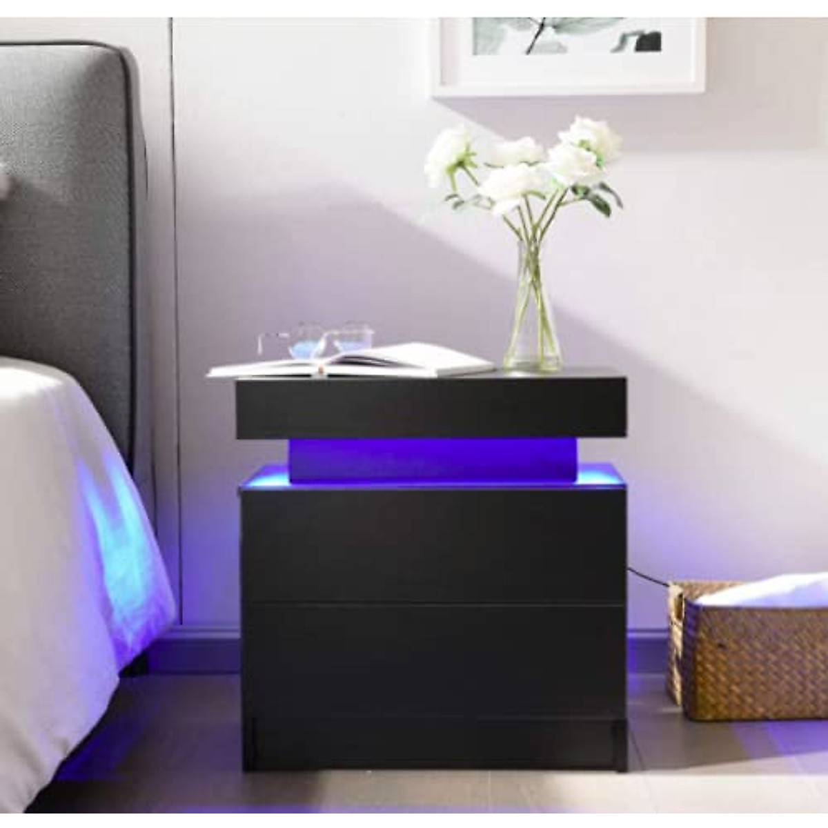 i-aplus Bedside Table with 2 Drawers, LED Nightstand Wooden Cabinet Unit with Lights for Bedroom, Living Room, Black