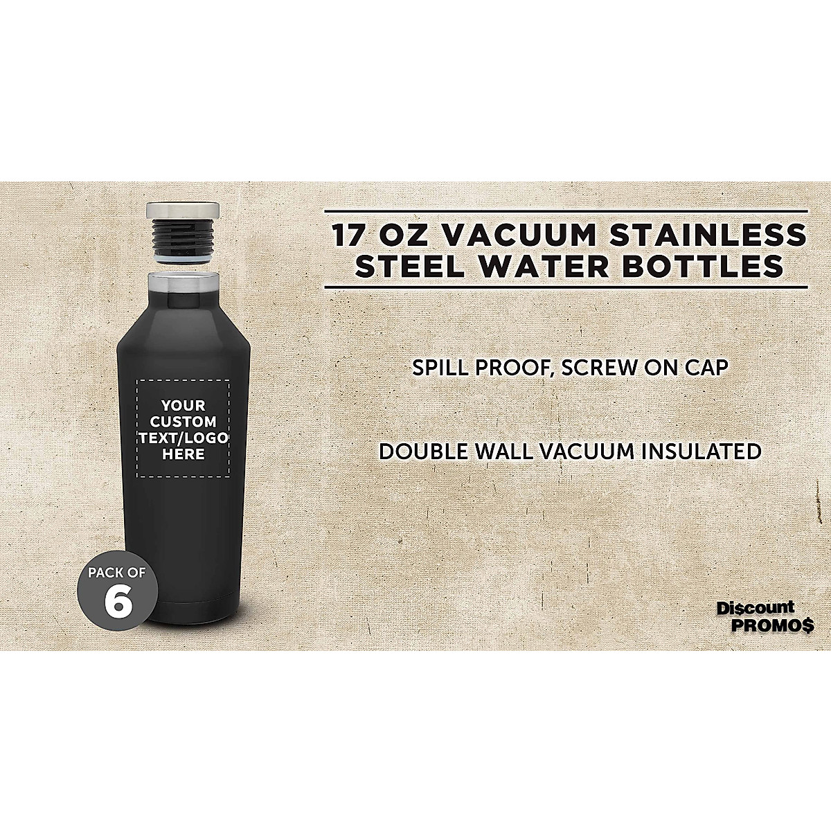 DISCOUNT PROMOS Custom Stainless Steel Water Bottles 17 oz. Set of 6, Personalized Bulk Pack - Double Wall, Perfect for Coffee, Soda, Other Hot & Cold Beverages - Black