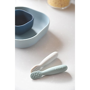 BEABA Set of 2 Silicone Pre-Spoons, For Babies 4-8 Months, Ultra-Soft Silicone Spoons to Help with Self Feeding, Designed with Specialist, Baby Utensils, Sage/Grey