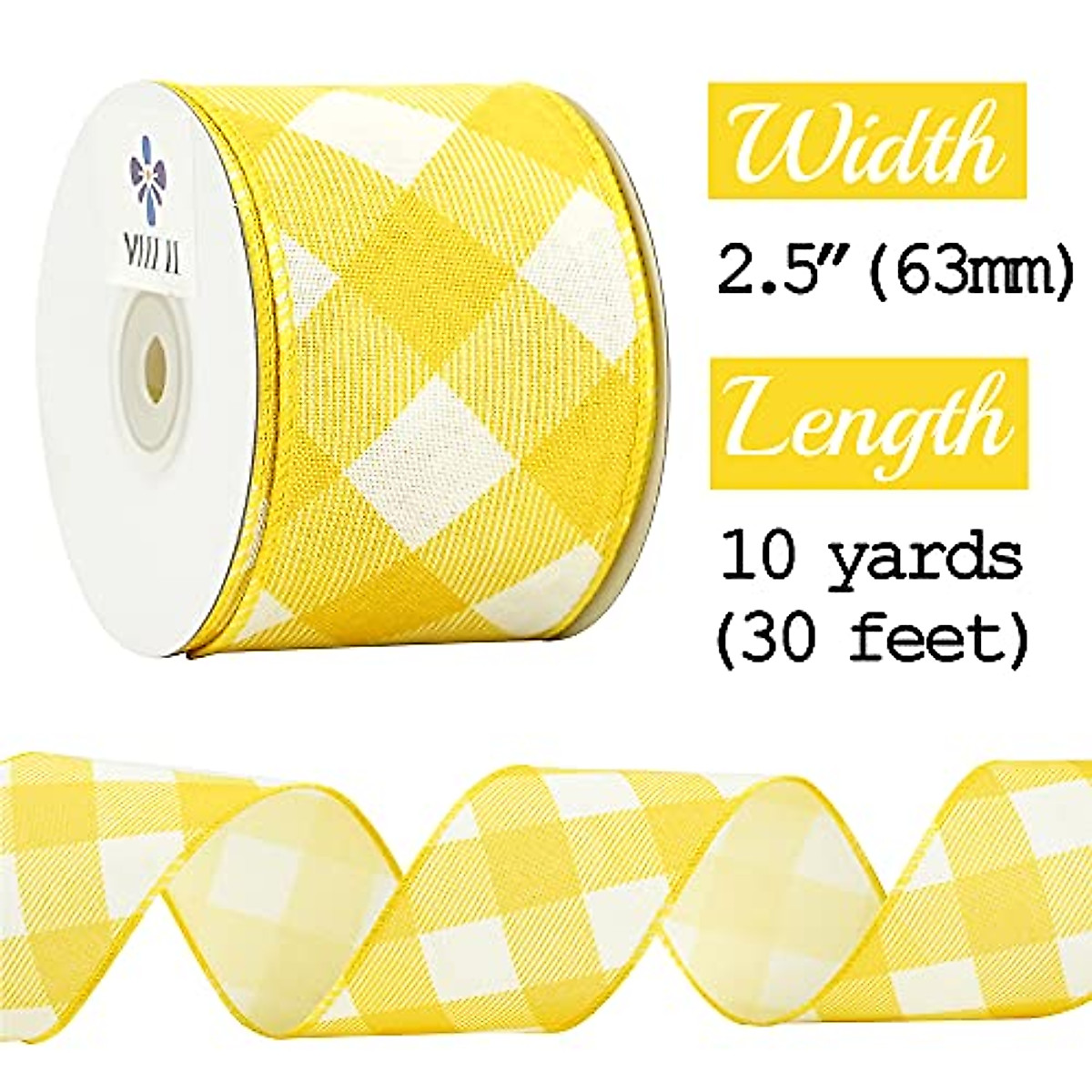 MEEDEE Yellow White Checkered Ribbon Christmas Wired Ribbon Yellow Burlap Ribbon 2.5 inch x 10 Yards for Christmas Tree Decoration Crafts Bows Making Wreath Wrapping Home Decor