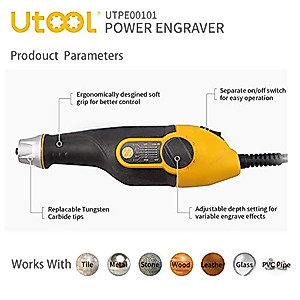 UTOOL Engraver Pen with Letter/Number Stencil, 24W Handheld Etching Tool for Wood Metal Glass Engraving with 4 Replaceable Tungsten Carbide Steel Bits