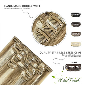 WindTouch Clip in Hair Extensions Real Human Hair Balayage Mixed Bleach Blonde Hair Extensions 15Inch 70g 7PCS Highlights Straight Blonde Clip in Hair Extensions for Women