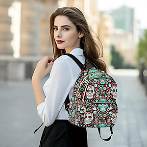 Yasala Halloween Women Backpack Sugar Skull Cute Flower Blue Travel Bag Compact Daily Bag Diaper Bag