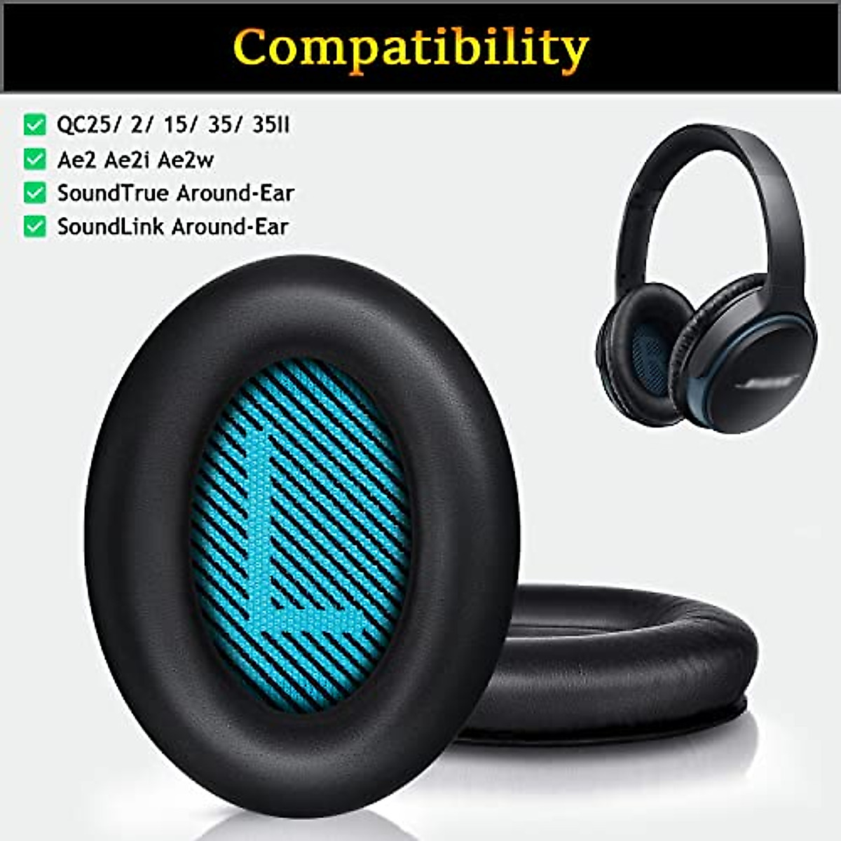 BINGLE Upgraded QC25 Replacement Ear Pads for Bose Sound Insulation Bose Quietcomfort 25 QC15 QC25 QC2 QC35/Ae2 Ae2i Ae2w/ SoundLink & SoundTrue Around-Ear Series Replacement Ear Cushion Black