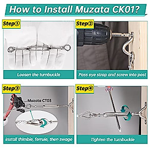 Muzata 20Set 1/8" Cable Railing Kit Hardware Heavy Duty Turnbuckle M5 Eye to Eye for Wood Post Wire Rope Stainless Steel Angle Adjustable WoodLoft System Deck Stair 20 Cable Lines CK01,CA4 CA5