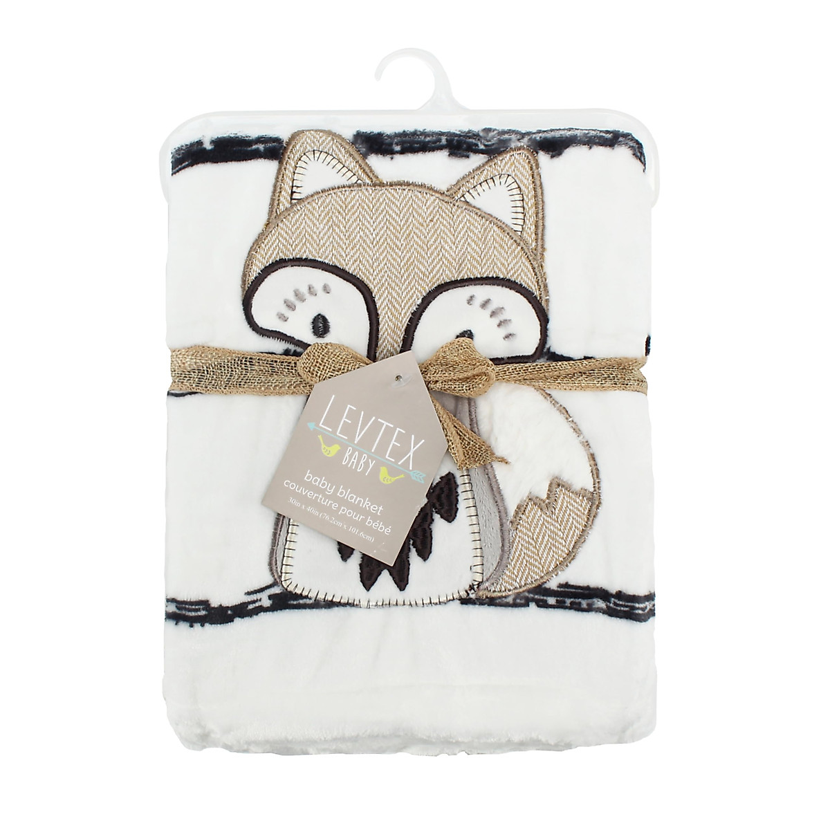 Levtex Baby - Bailey Plush Blanket - Appliqued and Embroidered Fox on Striped Plush - Charcoal, Taupe, White - Nursery Accessories - Blanket Size: 30 x 40 in.