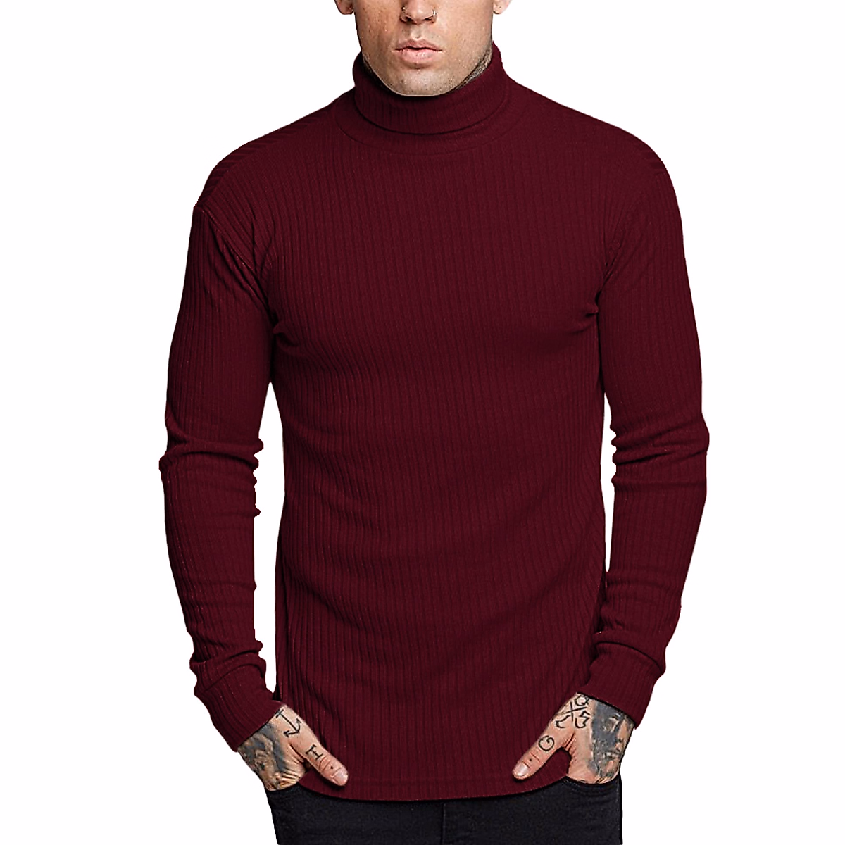 Amussiar Men's Slim Fit Base Layer Shirts Casual Ribbed Tops Thermal Turtleneck Pullover Sweater Wine Red