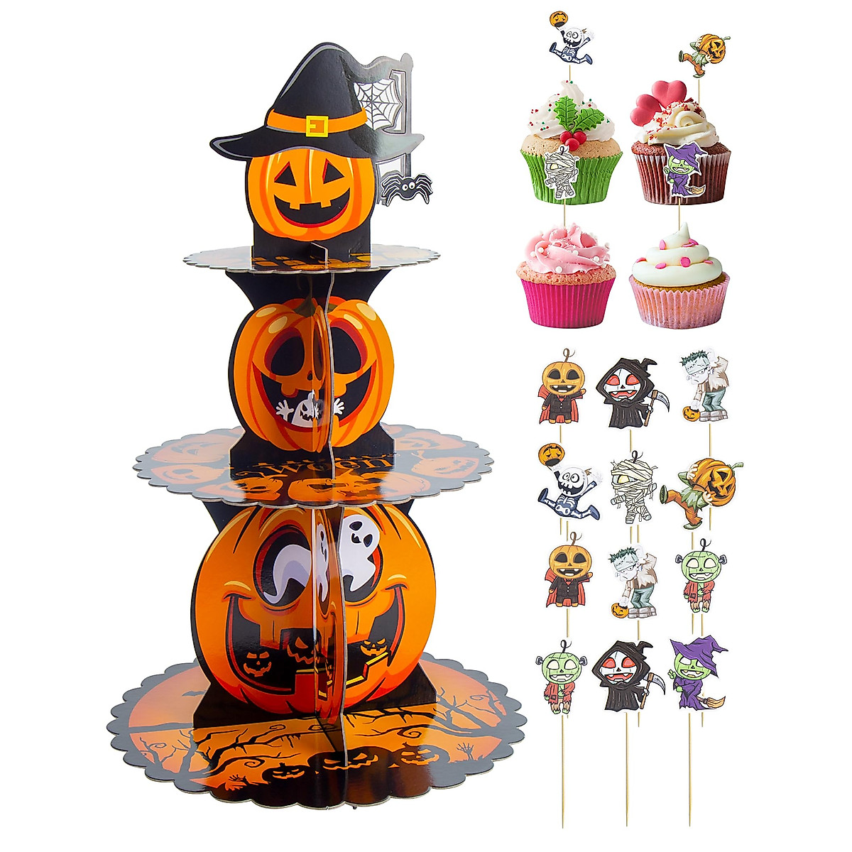 JROYJOY 3 Tier Halloween Cupcake Stand, Cupcake Tower with 16 Pcs Pumpkin Cupcake Toppers, Cake Stand for Dessert Table, Cupcake Display Stand for 24 Cupcakes Party Supplies Halloween Decorations