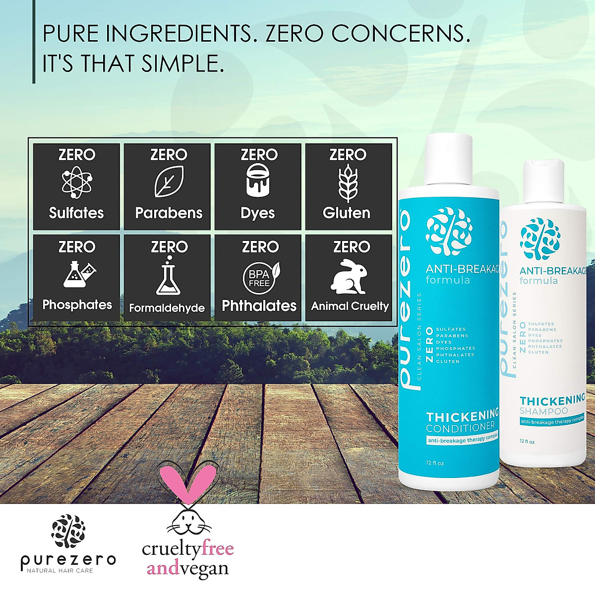 Purezero Anti-Breakage & Thickening Shampoo Conditioner set, For Hair Loss & Hair Thinning, With Biotin, Vitamin C, Caffeine and Saw Palmetto, 100% Vegan & Cruelty Free, Color Safe, 24 ounces