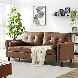 JEEOHEY Small Couch, 64 Inch Mid-Century Modern Faux Leather Upholstered Loveseat Sofa Furniture for Small Space, Living Room, Bedroom, 2 Throw Pillows, Rolled Arm, Comfy Seat & Back Cushion, Brown