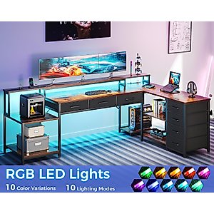 AODK 79" L Shaped Desk with 7 File Drawers, L Shaped Computer Desk with 2 Power Outlets & Monitor Shelf, Home Office Desk with Storage Shelves, Reversible Gaming Desk with LED Light, Vintage