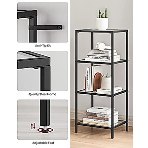 VASAGLE Bookcase, 4-Tier Bookshelf, Slim Shelving Unit for Bedroom, Bathroom, Home Office, Tempered Glass, Steel Frame, Black ULGT028B61
