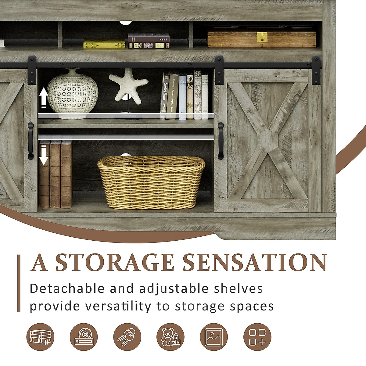 RoyalCraft Farmhouse TV Stand with Sliding Barn Door for TVs up to 65+ Inch, 34" Tall Entertainment Center, Wood Media Console Storage Cabinet for Bedroom, Living Room, Light Grey