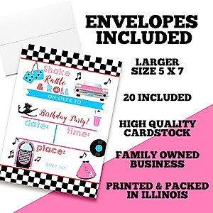 50's Sock Hop Birthday Party Invitations, 20 5x7 Fill In Cards with Twenty White Envelopes by AmandaCreation