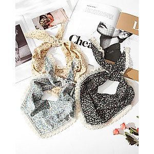 AWAYTR 3Pcs Hair Bandanas Head Kerchief for Women Girls Tie-Back Boho Hair Scarf Headband Bandana Triangle Head Scarf (Floral - Blue/Black/Yellow)