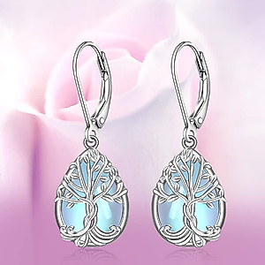 Tree of Life Earrings Moonstone Earrings for Women Sterling Silver 925 Teardrop Moonstone Family Tree Leverback Dangle Jewelry Christmas Valentines Gifts