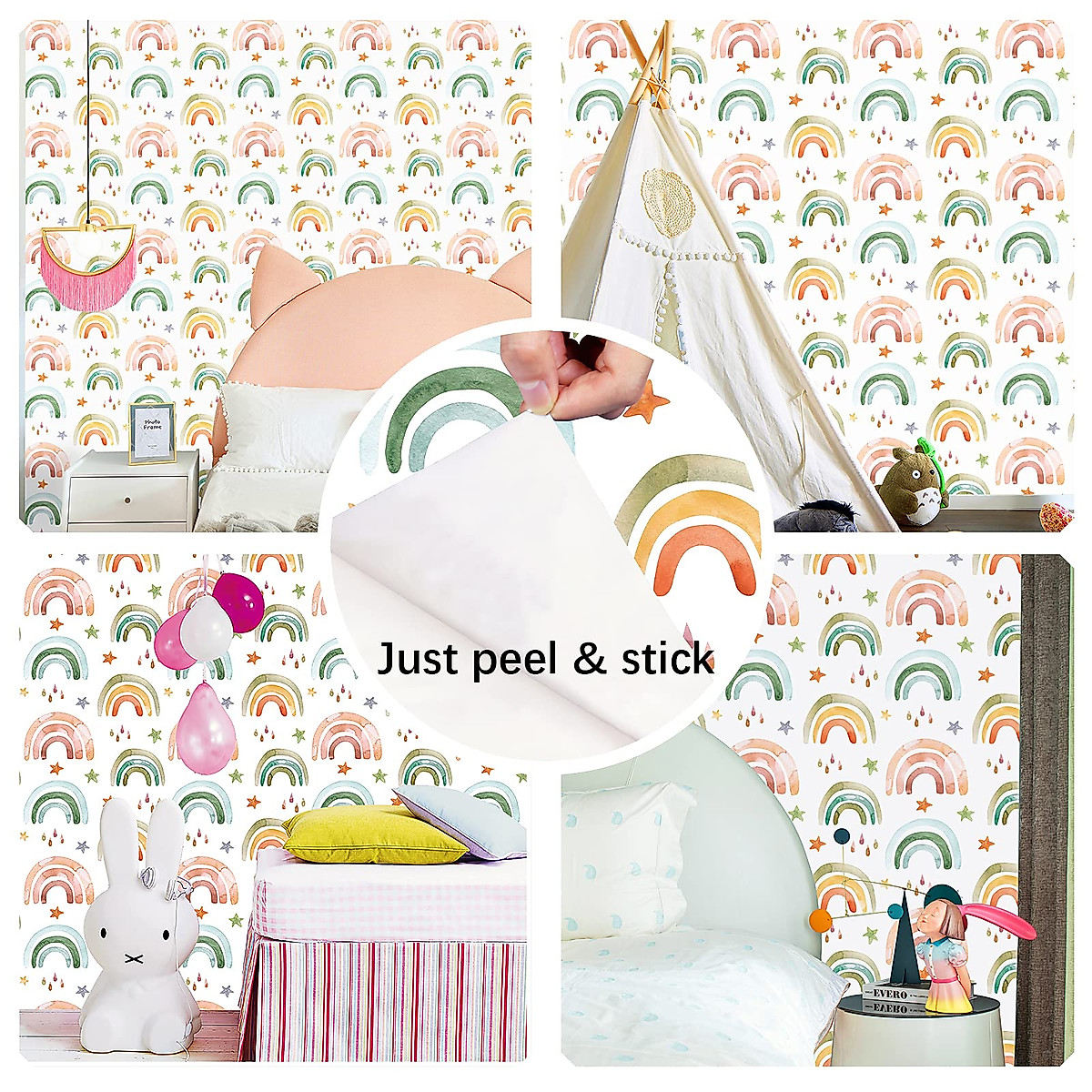 HAOKHOME Peel and Stick Rainbow Wallpaper Cute Raindrop Stars White/Orange/Green Removable for Nursery Kids Bedroom Decor 17.7in x 118in
