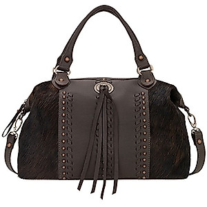 American West Satchel-Leather Zip Top Convertible Bag- KeyTag Purse Charm (Cow Town Chocolate w Hair)