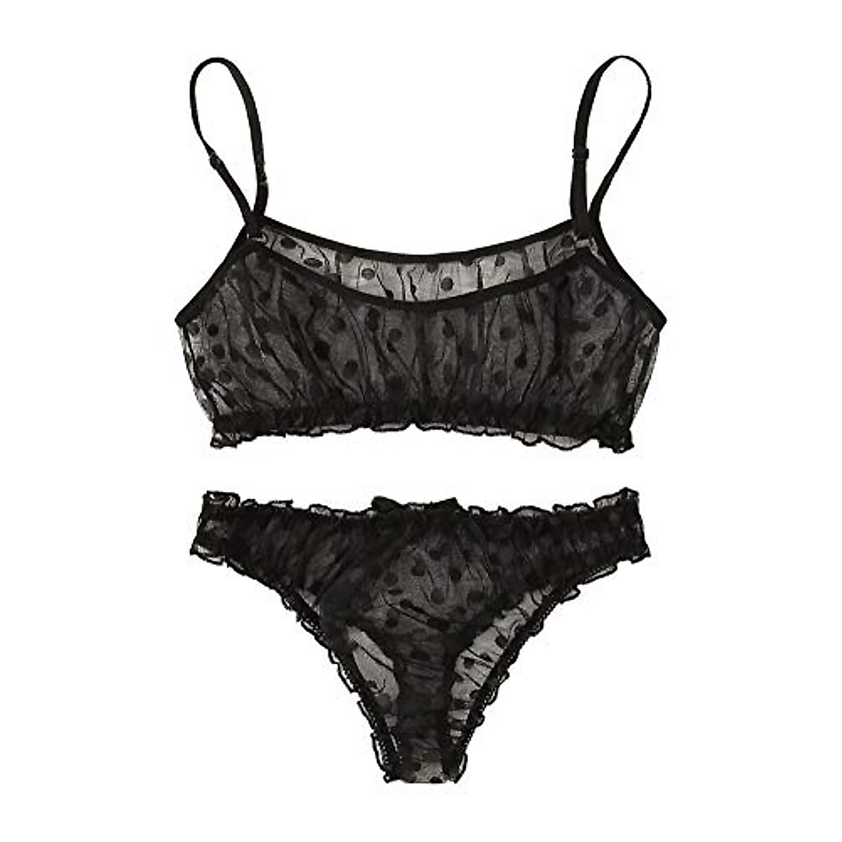 WDIRARA Women's Sexy Polka Dot Mesh Frill Spaghetti Strap Lingerie Set Black M