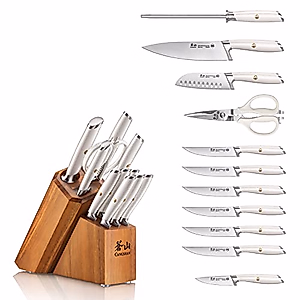 Cangshan L1 Series White 1026078 German Steel Forged 12-Piece Knife Block Set with 6 Steak Knives, Acacia Block