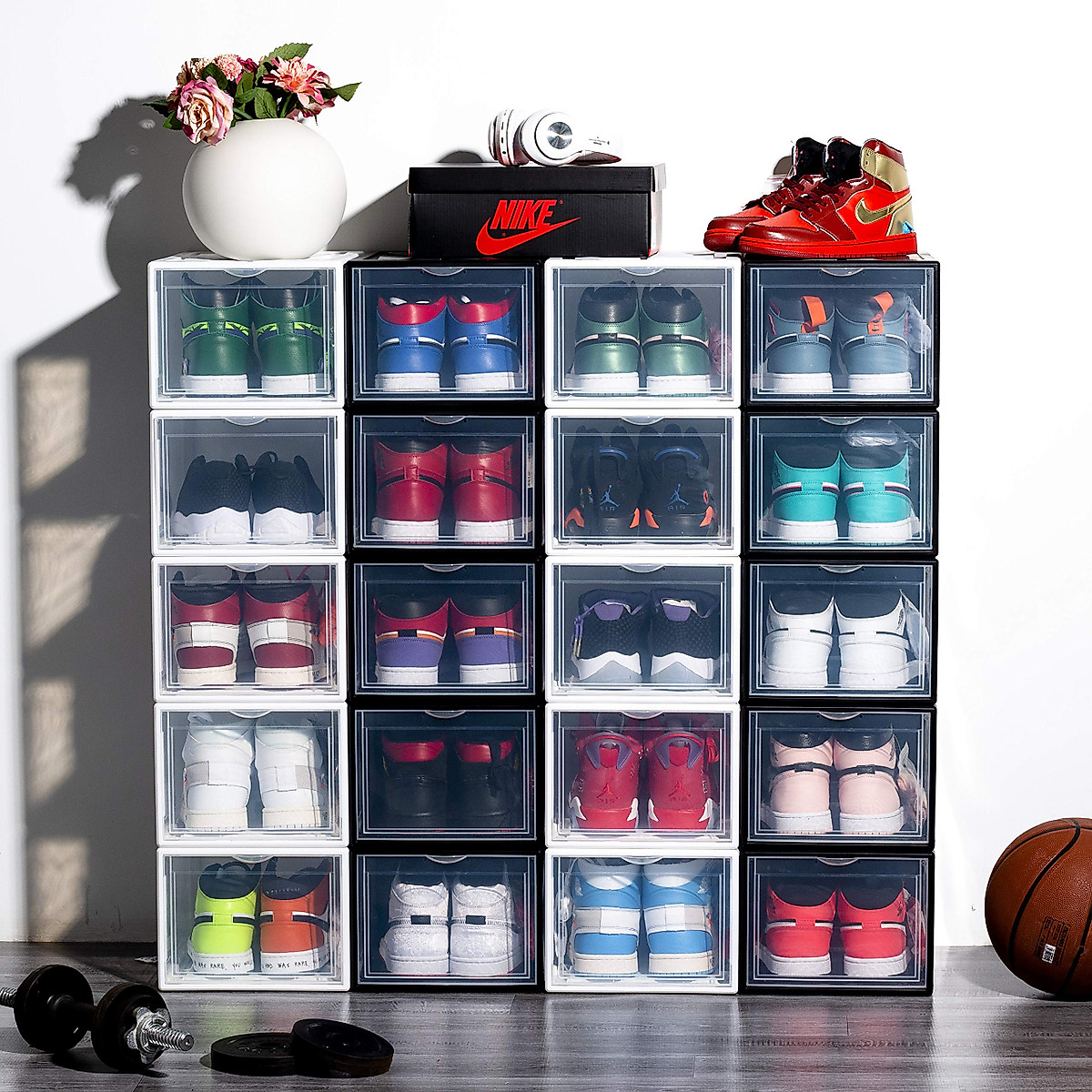 S-JIANG Shoe Boxes Clear Plastic Stackable, Drop Front Shoe Display Box Large Storage Containers Shoe Box Organizer for Sneaker Men Women (Black, 4 PACK)