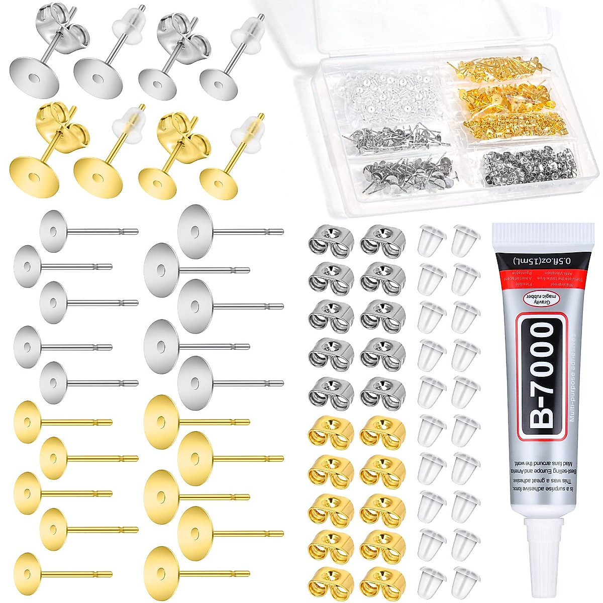 anezus Jewelry Glue with Earring Posts for Jewelry Making, 600pcs Stainless Steel Earring Posts and Backs Silver and Gold Earring Posts with Rubber Earring Backs for Earring Making Supplies