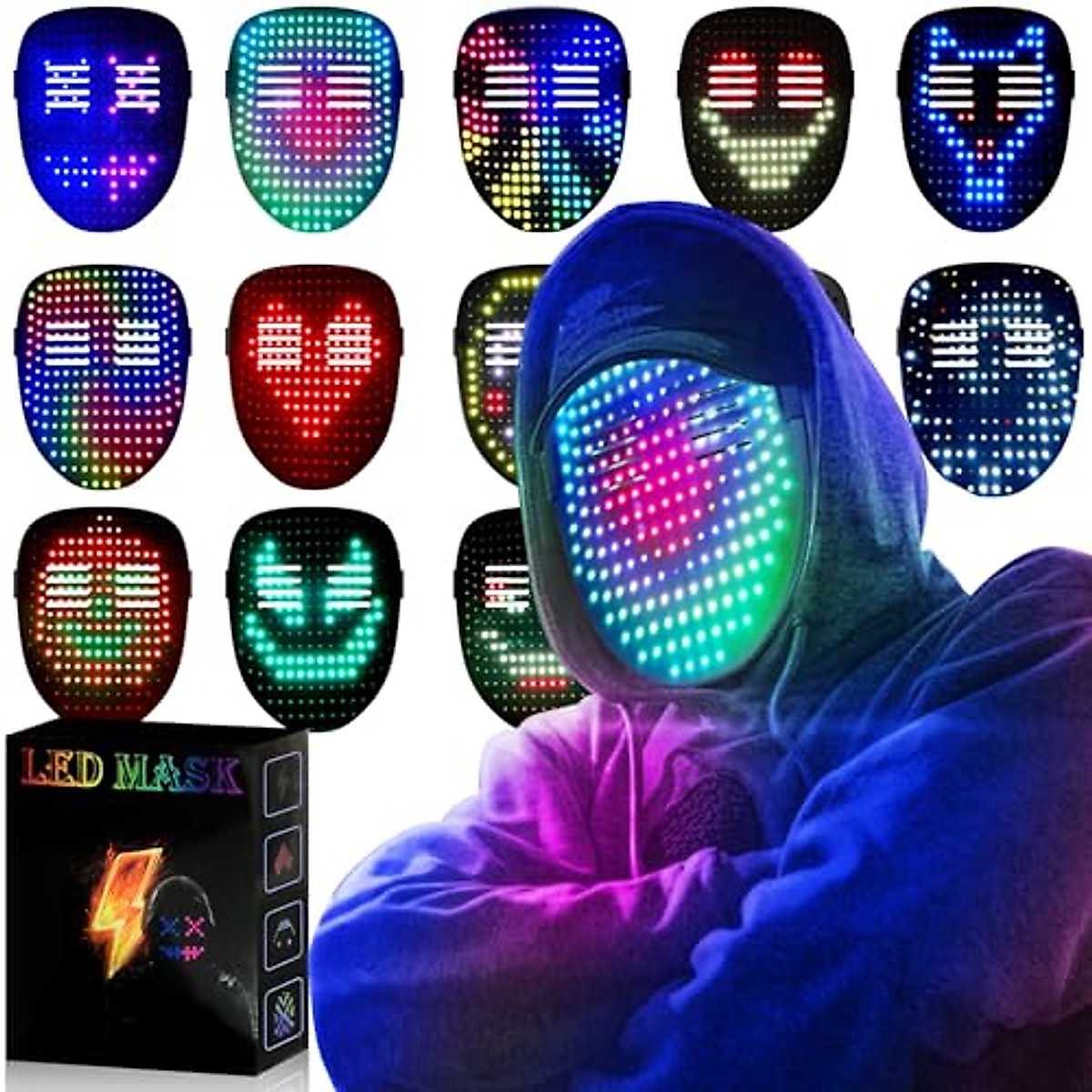 MEGOO Led Mask with Gesture Sensing Transforming,Light Up Luminous Digital Glow Mask for Halloween Rave Dj Party Masquerade
