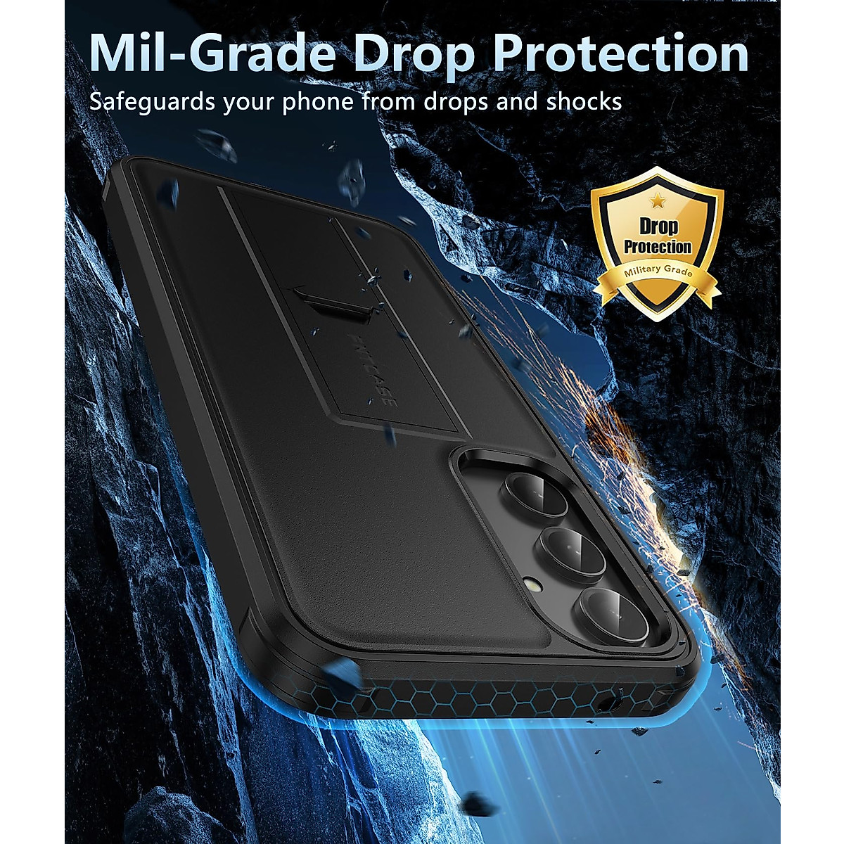 FNTCASE for Samsung Galaxy S23-FE Case: Military Grade Drop & Shock Protection Cell Phone Cover with Kickstand | Heavy Duty Rugged Phonecase Protective Bumper Textured(Black)