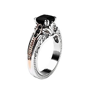 Koguxuix 925 Sterling Silver Black Gem Ring Square Cut Black Onyx Marcasite Cubic Zirconia Anniversary Promise Ring CZ Crystal Black Diamond Eternity Engagement Wedding Band Ring Size 6-10 (8)