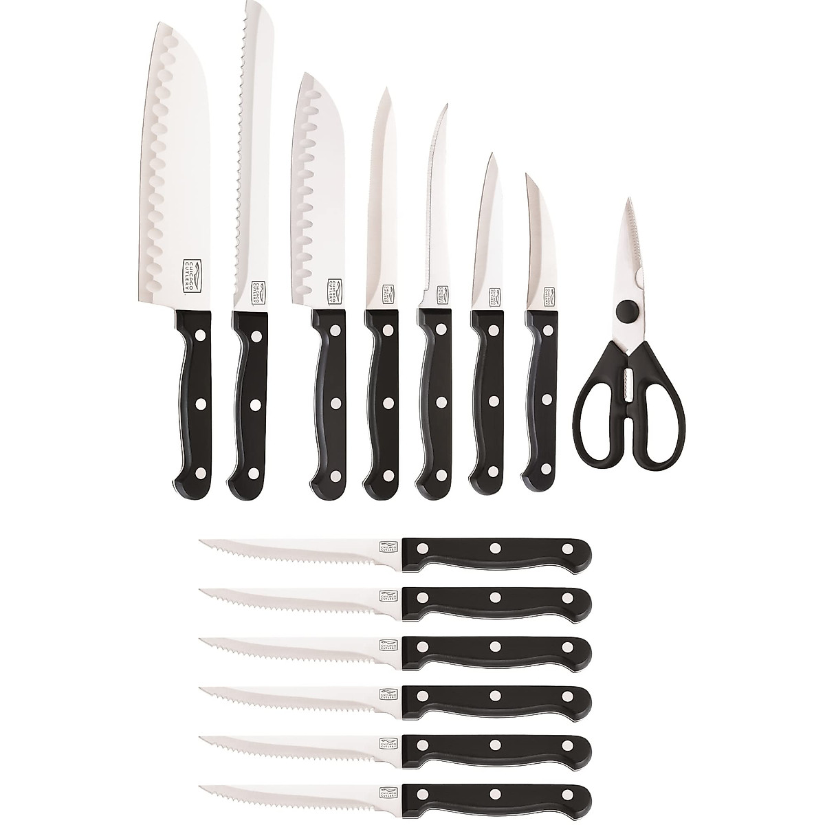 Chicago Cutlery Essentials 15 Piece Stainless Steel Kitchen Knife Set with Shears, Paring, Fruit, Utility, Santoku, Bread, and Steak Knives, Knife Set for the Kitchen with Block