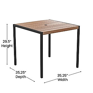 Flash Furniture 5 Piece Outdoor Dining Table Set - Synthetic Teak Poly Slats - 35" Square Steel Framed Table with Umbrella Holder Hole - 4 Stackable Club Chairs
