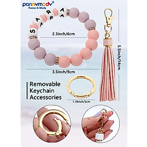 Panny&Mody Silicone Beaded Bracelet Keychain Wristlet,Personalized Keychain Wristlet Key Ring Holder with Zircon Leather Tassel(Pearl+White)