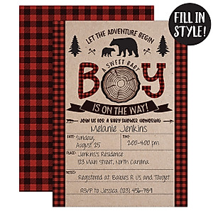 Your Main Event Prints Lumberjack Baby Shower Invitations - Boy Baby Shower Invitations - Mama Bear Baby Shower Invites - Woodland Baby Shower Invitations - 20 Fill-In Invitations and White Envelopes