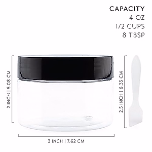 Cornucopia 4oz Clear Plastic Jars with Labels & Spatulas & Lids (24-Pack); Straight Sided PET Low Profile BPA-Free Containers