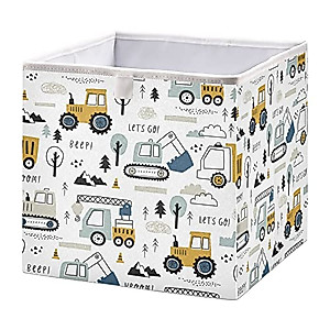 xigua Cartoon Engineering Car Cube Storage Bin, 11x11x11 in Collapsible Fabric Storage Cubes Organizer Portable Storage Baskets for Shelves, Closets, Laundry, Nursery, Home Decor