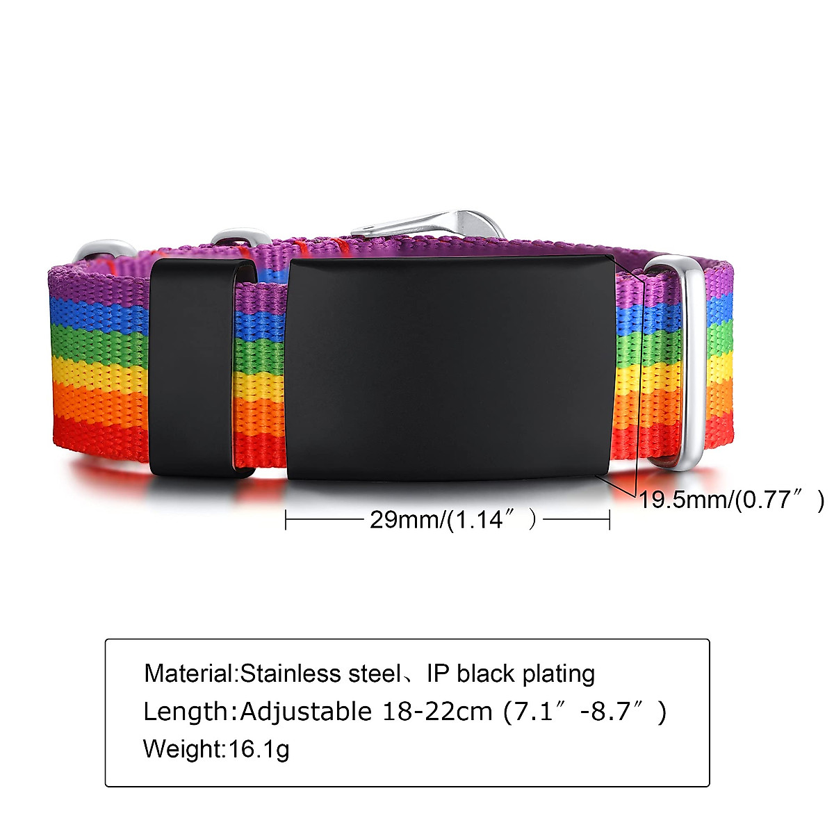 Mealguet Jewelry Personalized Nylon Strap Style ID Bracelet, Stainless Steel Adjustable Buckle Military Style Rainbow Color Identification Wristband, Customized ID Bracelet for Men Women