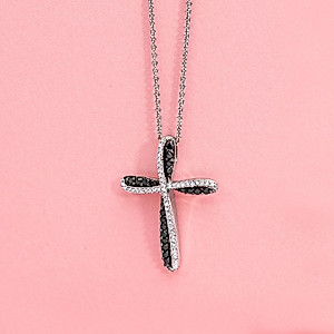 Jewelili Sterling Silver Cross Pendant Necklace with Treated Black and Natural White Round Diamonds, 1/3 cttw, 18" Rolo Chain