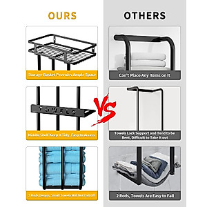 Towel Racks with Metal Storage Shelves Shelf for Rolled Towels, 3 Bar Towel Storage for Bathroom Wall Mounted, Towel Organizer for Folded Large Towel Washcloths, Bath Towel Holder Shelf with 4 Hooks