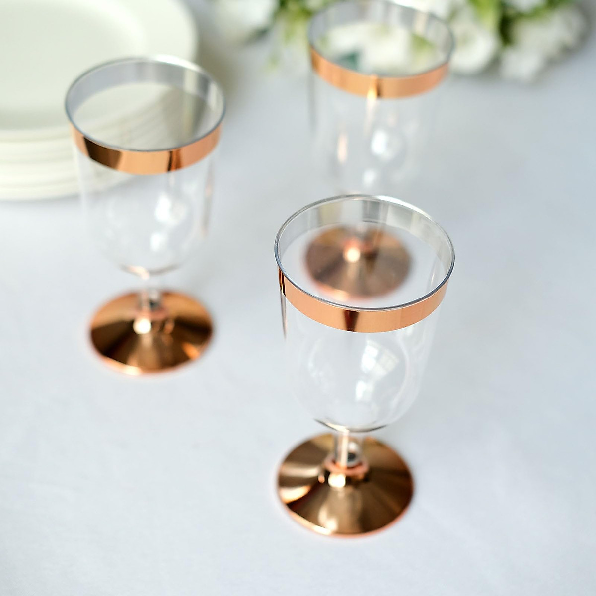 Efavormart 12 Pack 6.5 oz Plastic Wine Glasses Disposable 2-Piece Rose Gold Rimmed Design With Detachable Base
