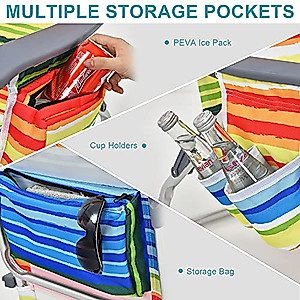 Safstar Folding Beach Chair Set, 2 Pack Folding Chair and Aluminum Small Table, 5-Position Adjustable Camping Chairs with Ice Bag, Comfort Pillow, 3 PCS Backpack Recline Beach Chairs (Color Strip)
