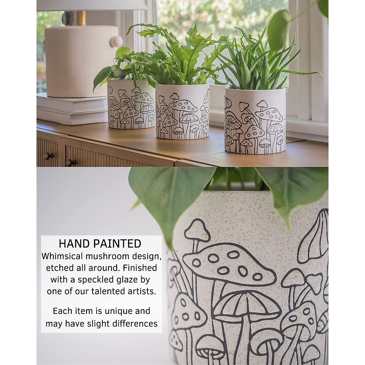 BASE ROOTS Mushroom Planter, Speckled White, Indoor/Outdoor, Holds Small Plants