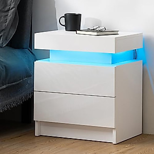 HOMMPA LED Nightstand White Nightstand with Led Lights Modern Night Stand with 2 High Gloss Drawers Led Bedside Table Smart Nightstand for Bedroom 20.5” Tall