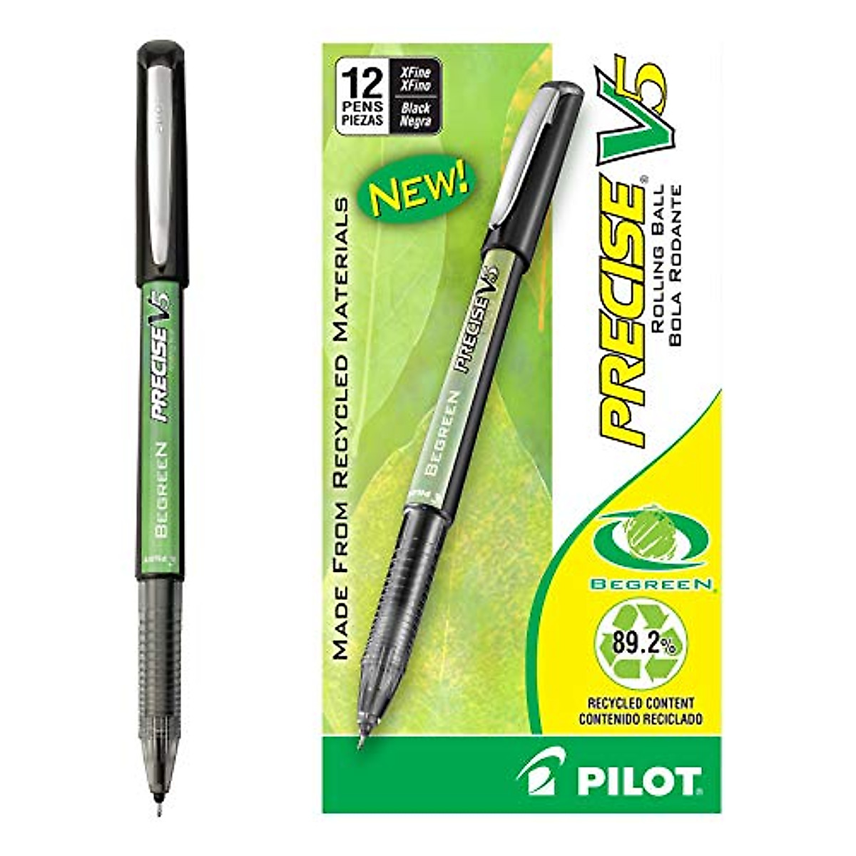 PILOT Precise V5 BeGreen Liquid Ink Rolling Ball Stick Pens, Extra Fine Point (0.5mm) Black Ink, 12-Pack (26300)