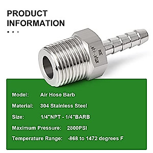 TAISHER 5PCS Forging of 304 Stainless Steel of Air Hose Fittings, Hose Barb Fittings 1/4" Barb x 1/4" MNPT Pipe Adapter with 5PCS Hose Clamp