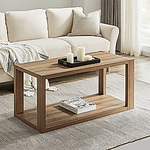 SICOTAS Farmhouse Wood Coffee Table - Boho Table with Storage Shelf, Rectangle Center Table Wood Look Accent Table, 2-Tier Sofa Side Table Mid Century Modern Coffee Table Living Room Furniture