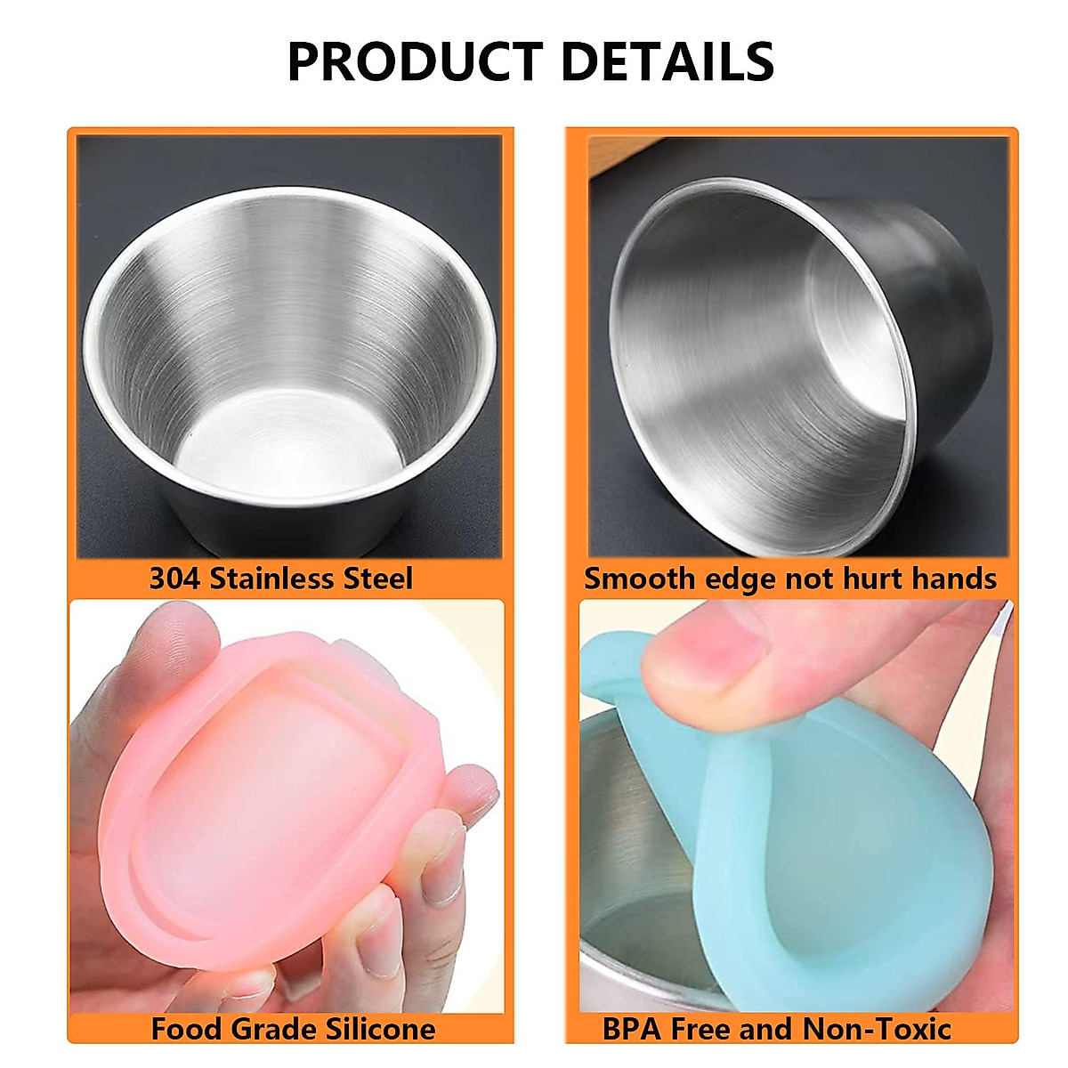 HOMMES Salad Dressing Container to Go, 6x2.4 oz Large Containers with Lids, Reusable Sauce Containers for Lunch Box, 18/8 Stainless Steel Condiment Cup, Easy to Open, Leakproof Dipping Sauce Cups