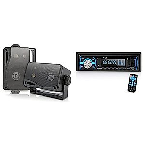 3-Way Mini Box Speaker System - 3.5 Inch 200 Watt Weatherproof Marine Grade Mount Speakers & Marine Bluetooth Stereo Radio - 12v Single DIN Style Boat in Dash Radio Receiver System with Built-in Mic