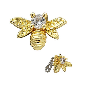Excepro 1Pcs Dermal Anchor G23 Titanium Multicolor Plated Bees CZ Body Jewelry Anchor Dermal Tops (Yellow gold plated)