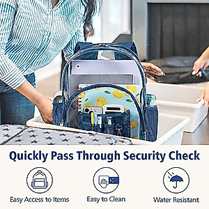 F-color Clear Backpack Heavy Duty - Large Clear Backpacks for School PVC Transparent Bookbag for Students Work Travel, Navy Blue