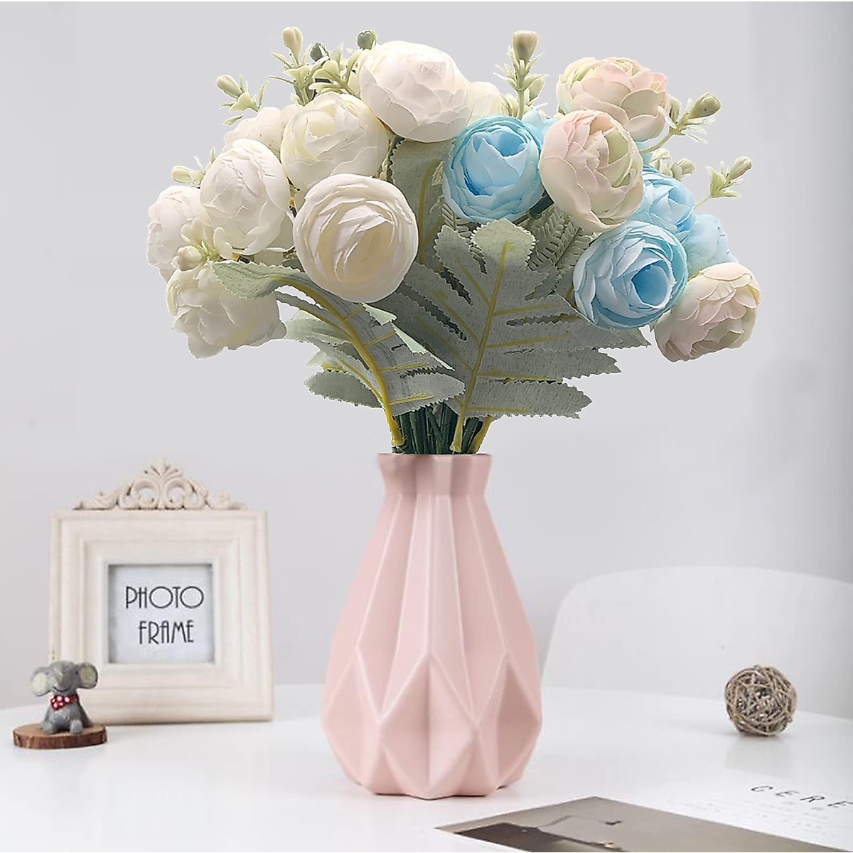 JANESOTO 2 Bundles 36 Artificial Flowers Fake Roses with Stems,Silk Bouquet Home Decorations for Office Table,Garden Party,Bridal,Bedroom,Kitchen Without Vase (White and Blue)
